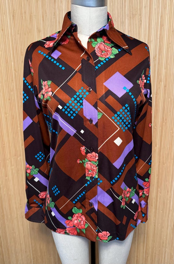 1970s Psychedelic Dagger Collar Button Front Shirt - Gem