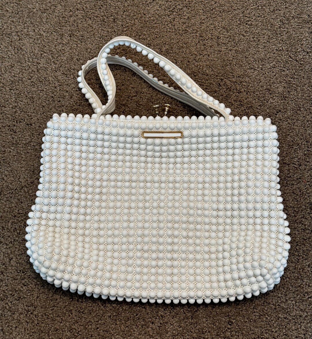 60s Grandee’ Bead White Beaded Double Strap Purse - Etsy