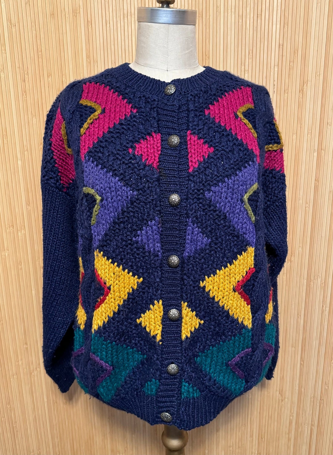 1980s Erika Hand Knit Geometric Pattern Cardigan - Etsy
