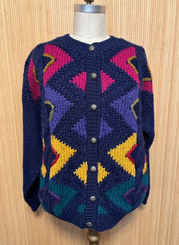 1980s Erika Hand Knit Geometric Pattern Cardigan - Gem