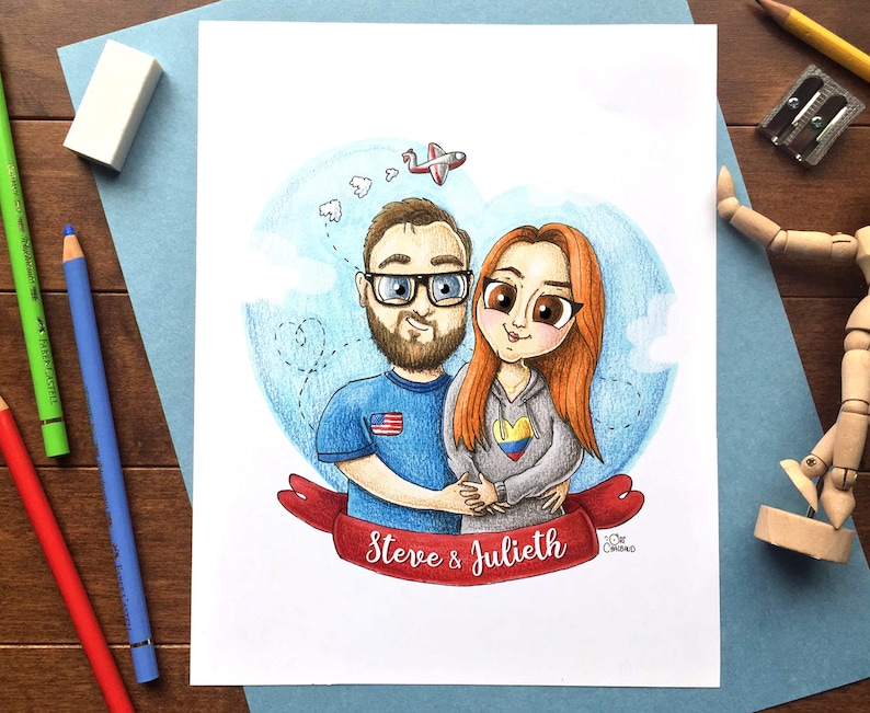 Long Distance Relationship portrait. LDR Couple Cartoon | Etsy