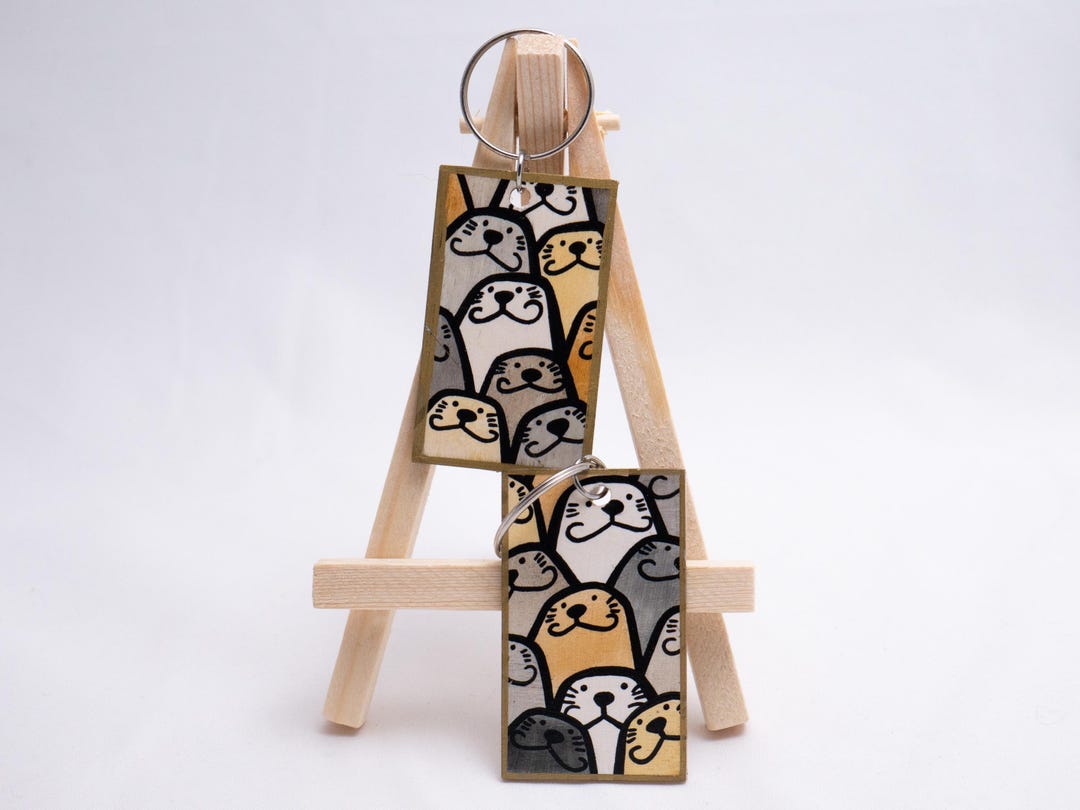 Wooden SEAL Keychain Seal Key Ring Rectangural Shape / Ooak Handpainted ...