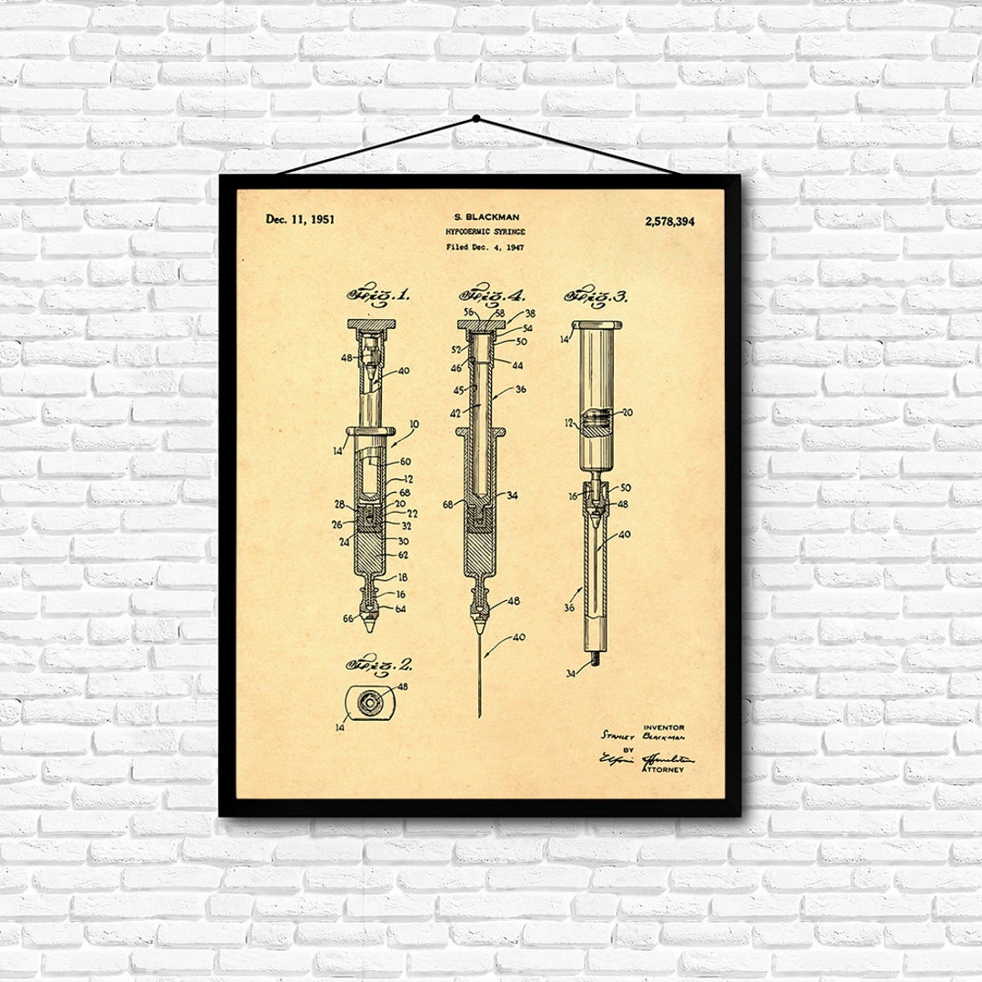 Hypodermic Syringe Patent Print 1951 Poster Wall Art Illustration Print ...