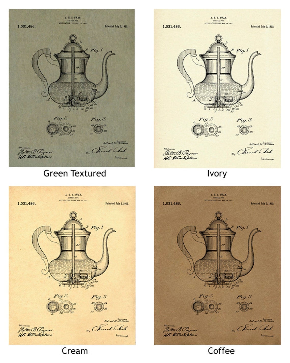 Coffee Pot Patent Print- 1912 - Poster Wall Art Illustration Print Art ...