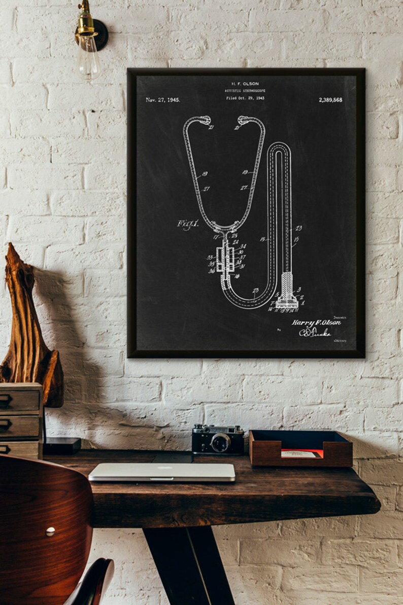 Acoustic Stethoscope Patent Print- 1945 - Poster Wall Art Illustration ...