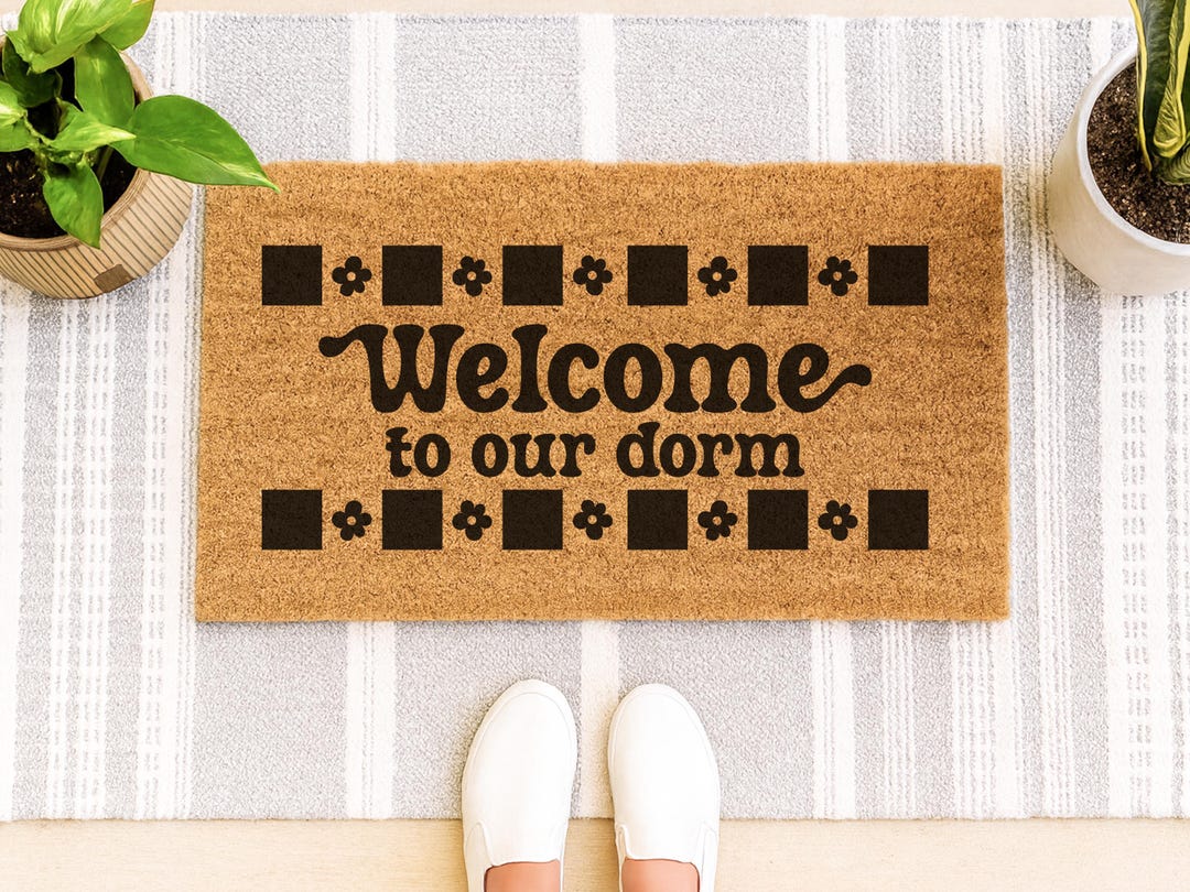 Welcome to Our Dorm Doormat - Retro Checkered Flower Entryway Rug ...