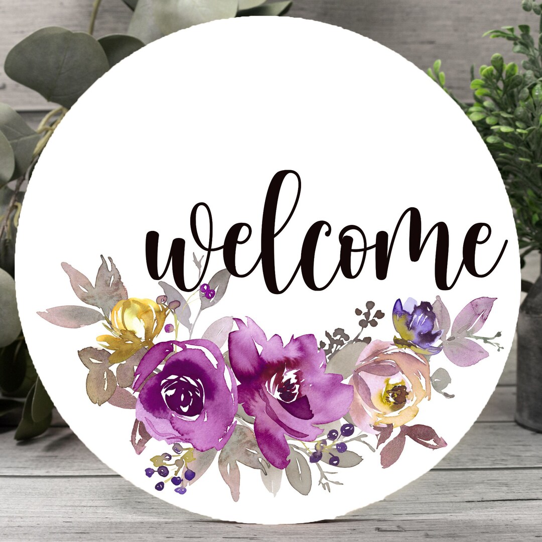 Purple Floral Wooden Sign, Round Front Door Hanging Decor, Welcome Wood ...