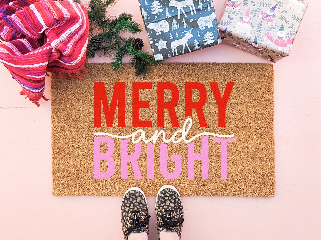 Merry and Bright Modern Christmas Doormat, Pink Red and White Holiday ...