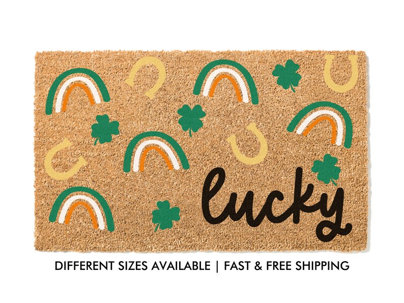 Lucky St. Patrick's Day Doormat Rainbow and Clover Door - Etsy