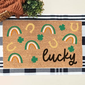 Lucky St. Patrick's Day Doormat, Rainbow and Clover Door Mat, Irish ...