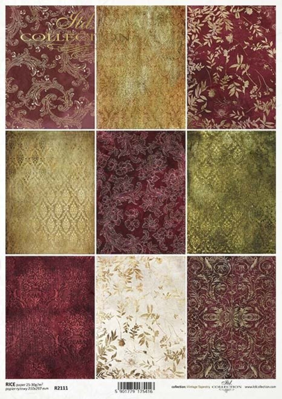 ITD Collection A4 Vintage Tapestry Collage Rice Paper - Red Background ...