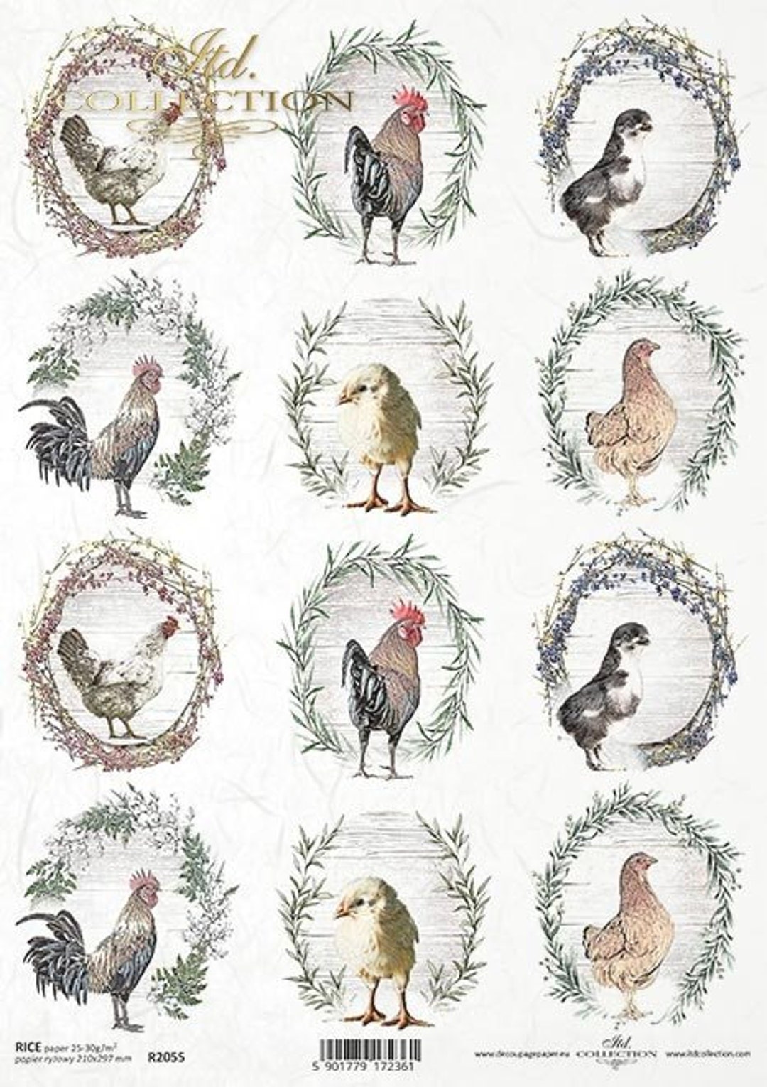 ITD Collection A4 Hens and Roosters Rice Paper - Floral Wreath Rice ...