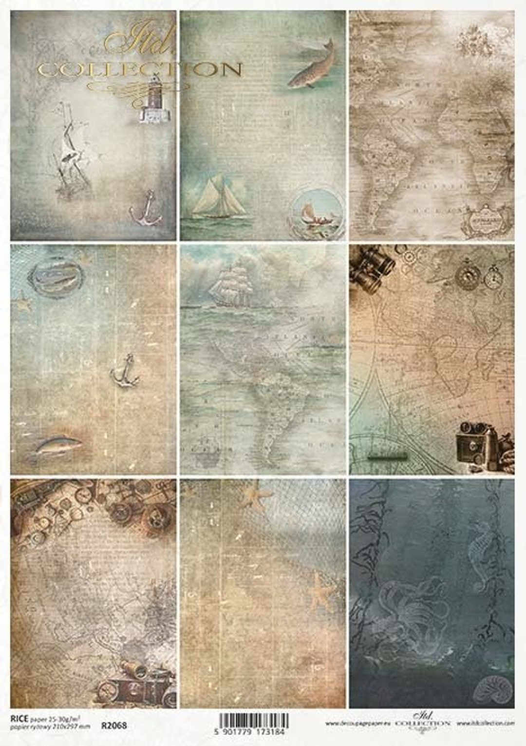 A4 Nautical Expedition Collage Rice Paper - ITD Collections - Compass ...
