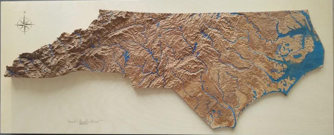 3D Topographic Map of North Carolina 34x16 – Wooden Raised Relief ...
