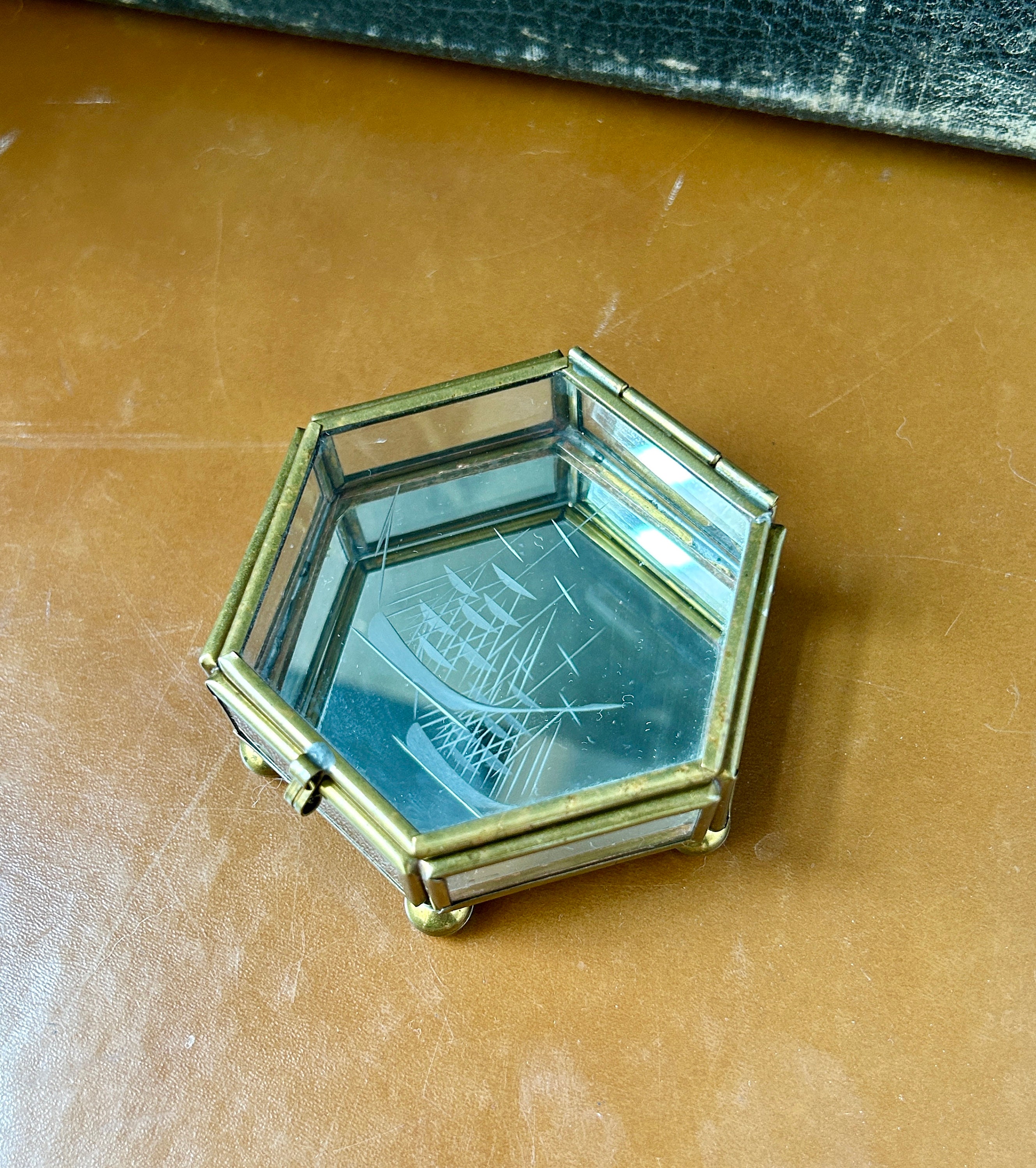 Glass Trinket Case Hinged Lid Etched Sailboat - Etsy
