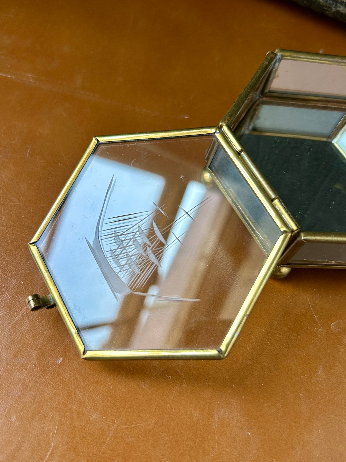 Glass Trinket Case Hinged Lid Etched Sailboat - Etsy