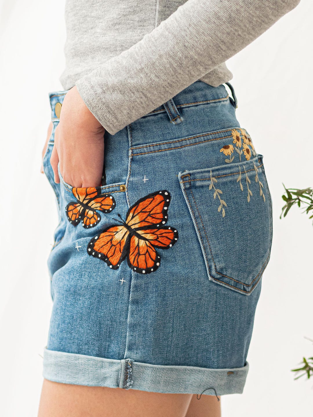 Butterfly Embroidered Denim Shorts, Floral Jean Shorts Women, Daisy ...