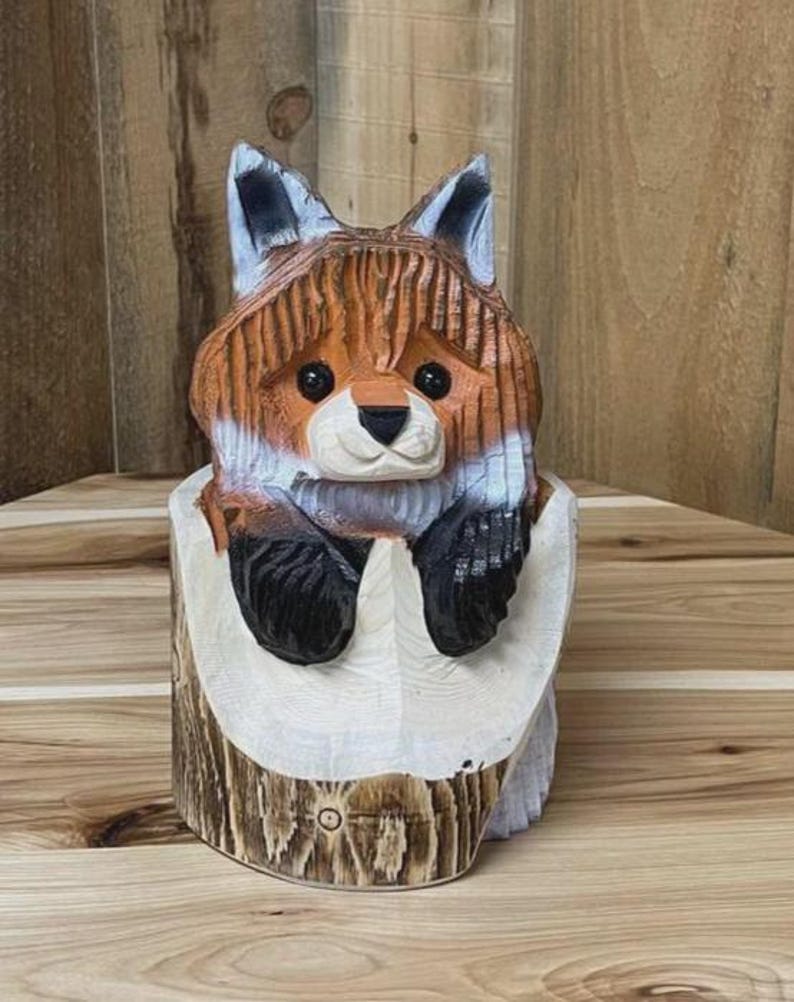 10 Inch Fox in Stump Tail Out Wood Chainsaw Carving - Etsy