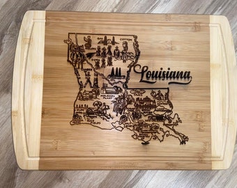 Louisiana Cutting Board Landmarks and Destinations State Shaped ...
