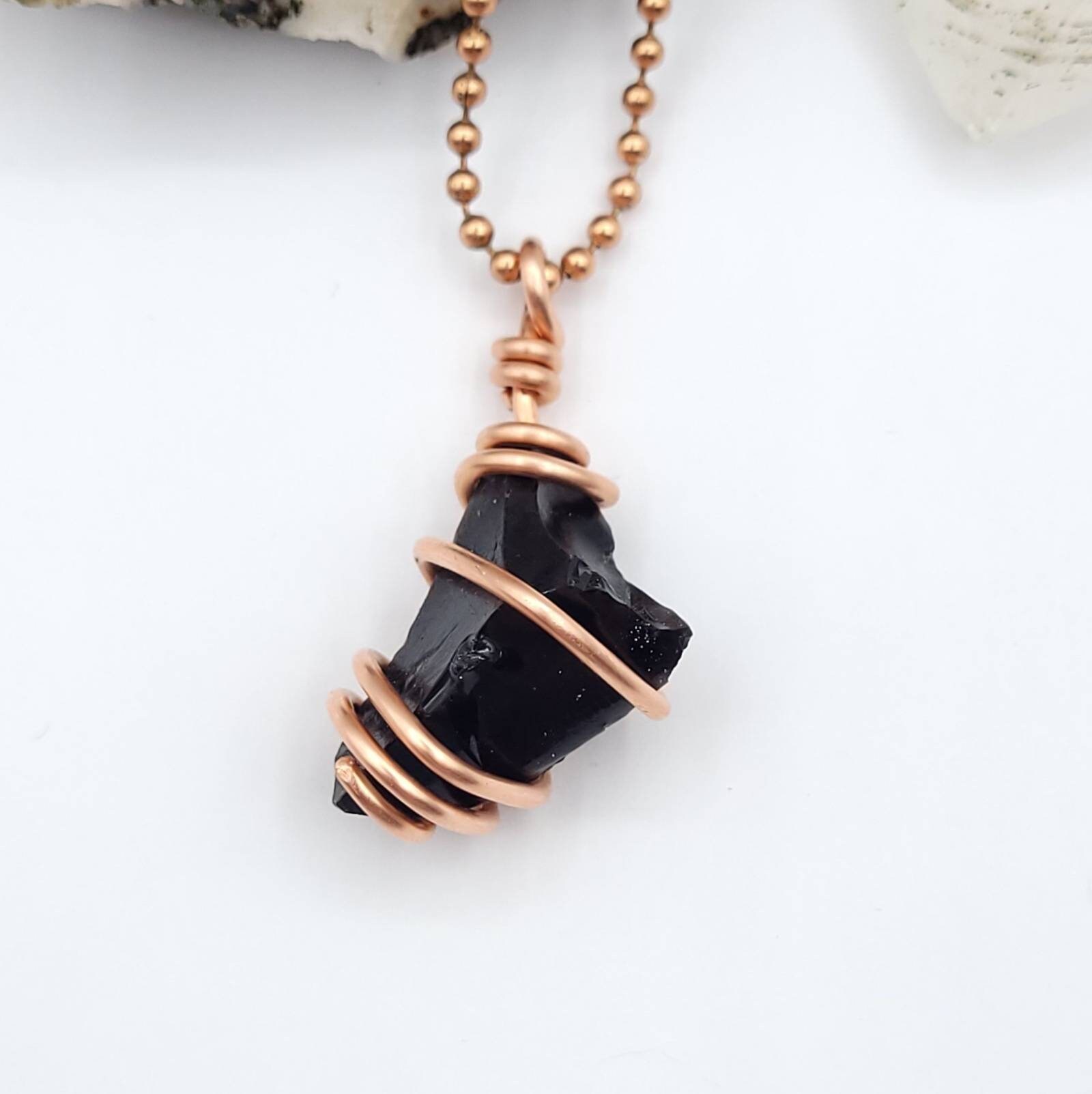Black Obsidian Necklace Copper Wire Wrapped Obsidian Pendant - Etsy