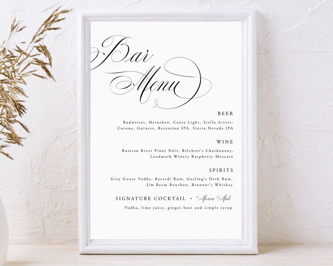 Calligraphy Bar Menu Sign | Print Your Own Wedding Bar Menu With This ...