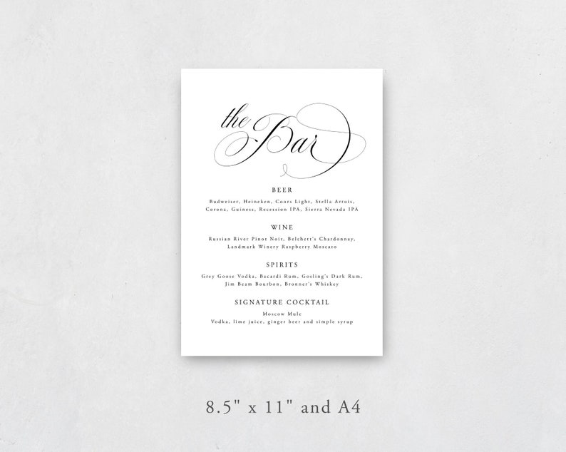 Elegant Bar Menu Template Print Your Own Calligraphy Bar - Etsy