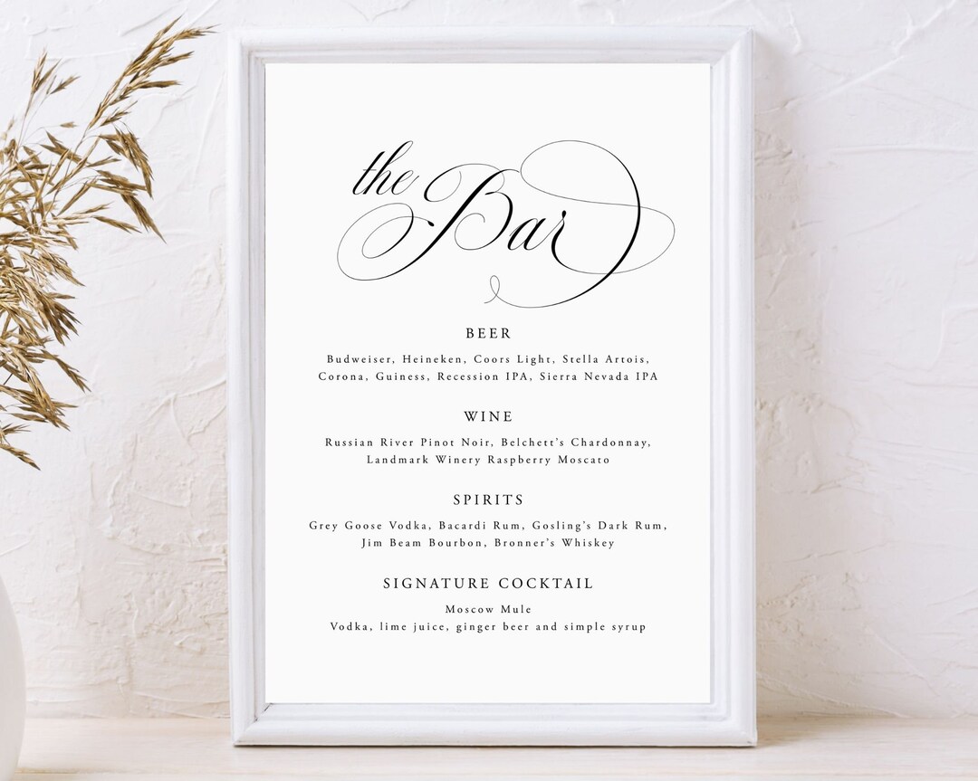 Elegant Bar Menu Template | Print Your Own Calligraphy Bar Menu With ...