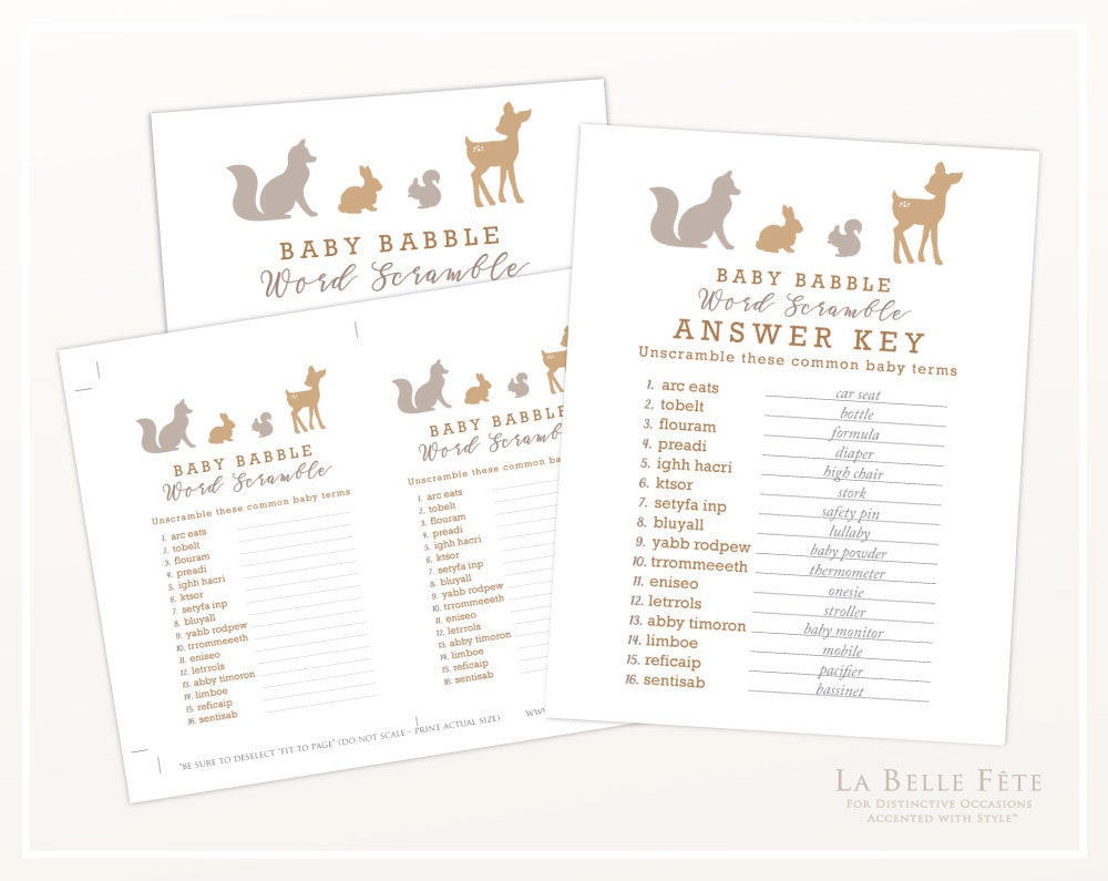 Baby Babble Word Scramble BABY SHOWER GAME Woodland Animals | Etsy