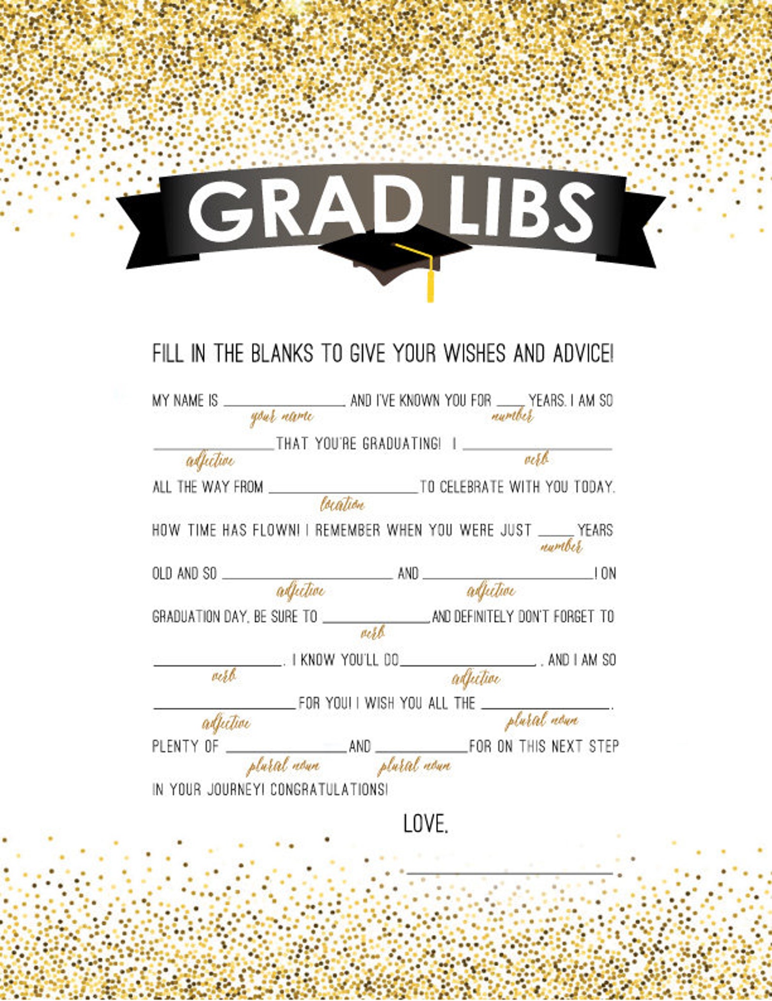 GRAD Libs mad Libs Game in Gold Glitter / Printable Diy - Etsy