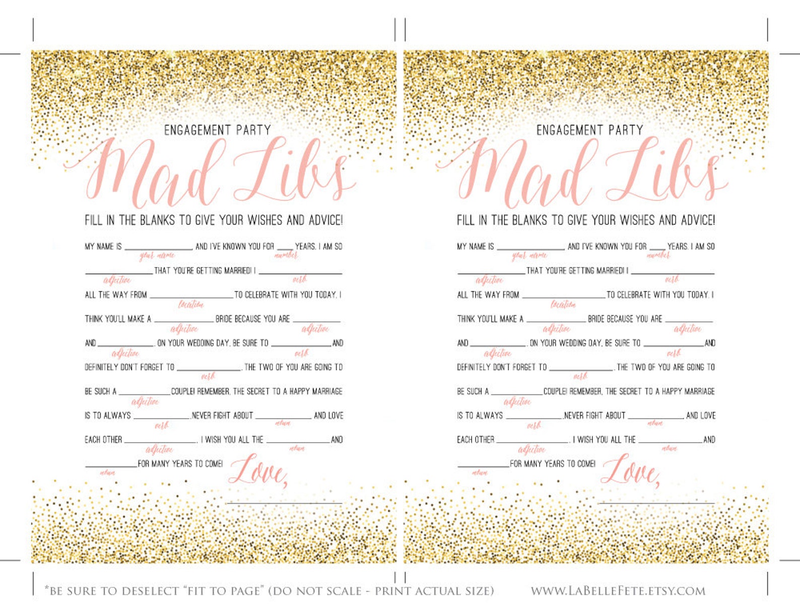 ENGAGEMENT PARTY GAME Mad Libs Game in Gold Glitter / | Etsy