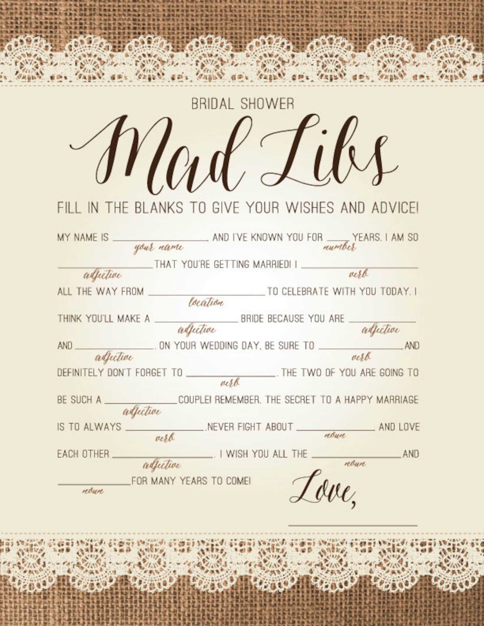 BRIDAL SHOWER GAME Mad Libs / Burlap and Lace Rustic Chic With | Etsy