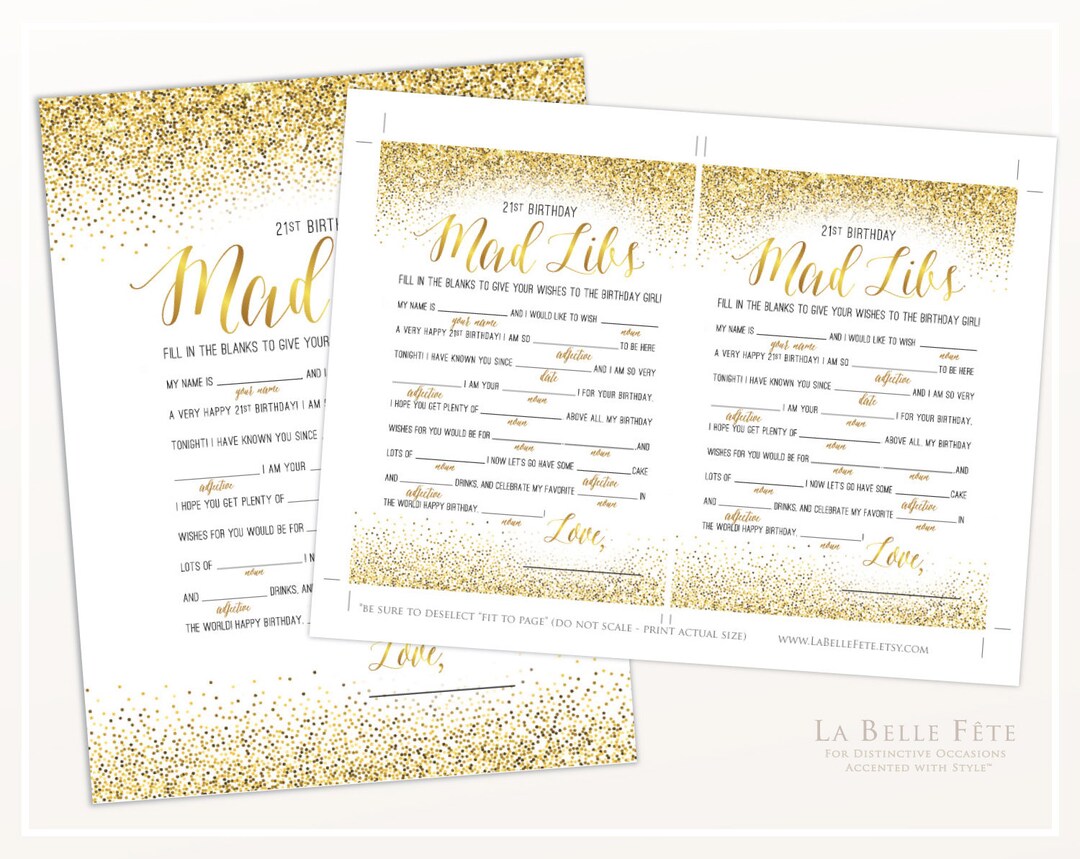 21st BIRTHDAY PARTY Mad Libs Game / 21 Gold Glitter Sparkle Printable ...