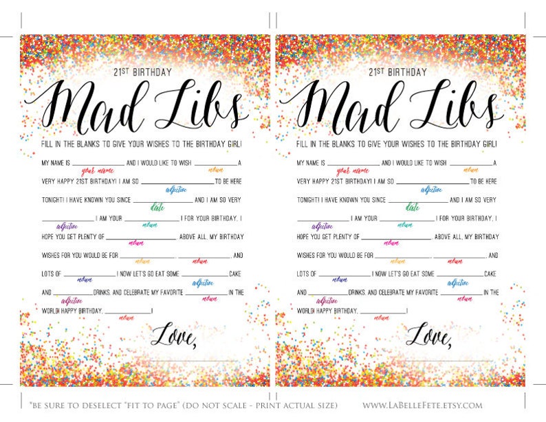 21st BIRTHDAY PARTY Mad Libs Game / 21 Rainbow Sprinkles Candy | Etsy