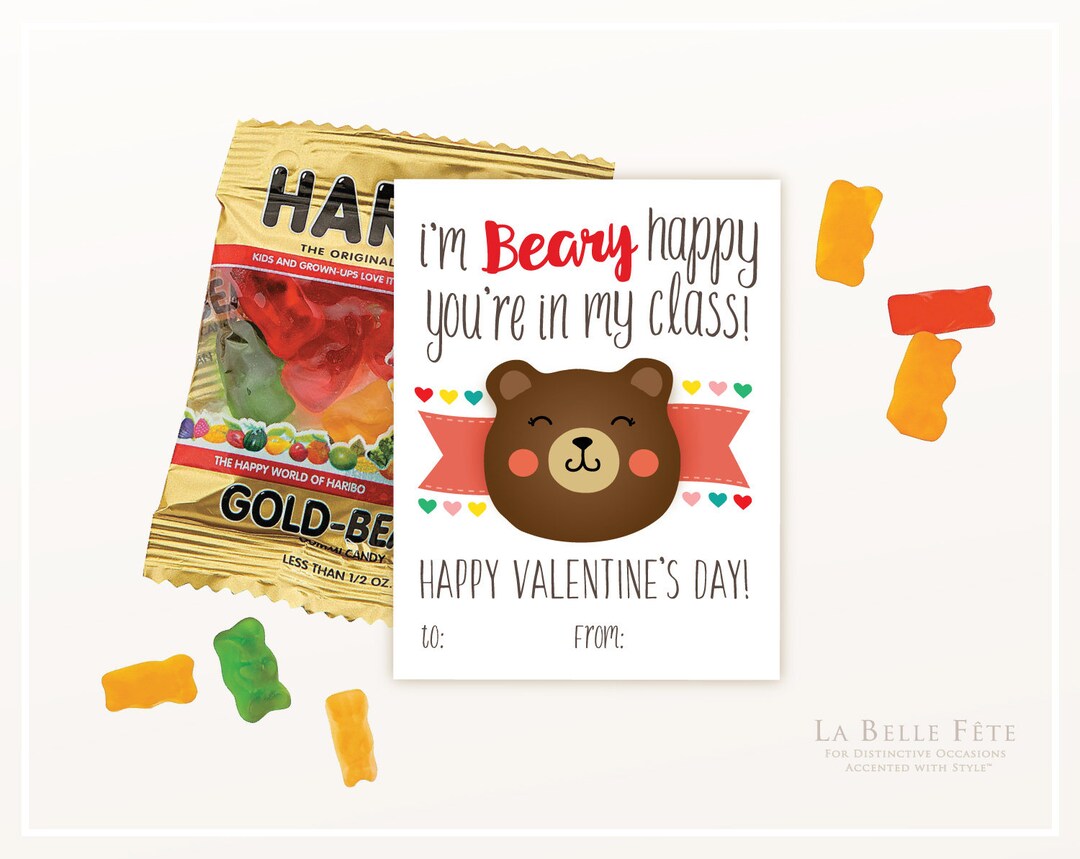 BEARY HAPPY You're in My Class PRINTED and Shipped Valentines W/ Bear ...