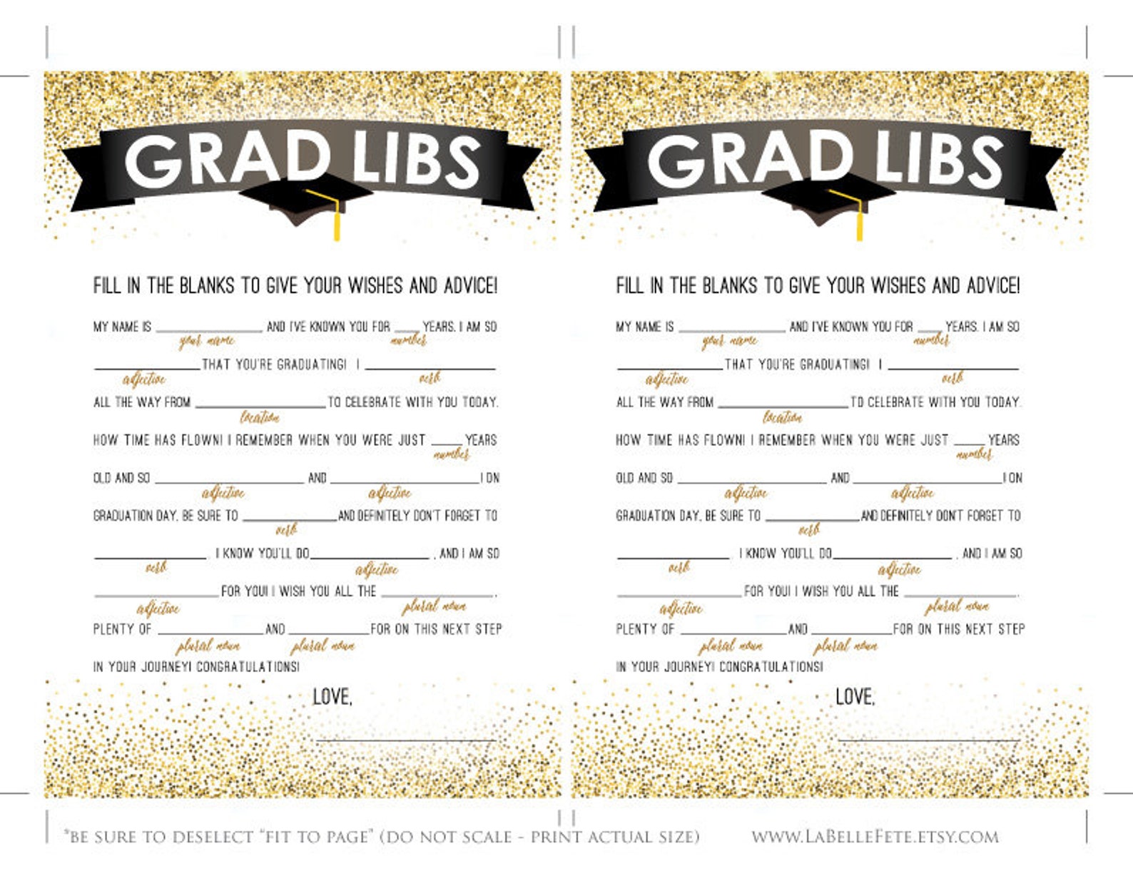 GRAD Libs Mad Libs Game in Gold Glitter / printable diy | Etsy