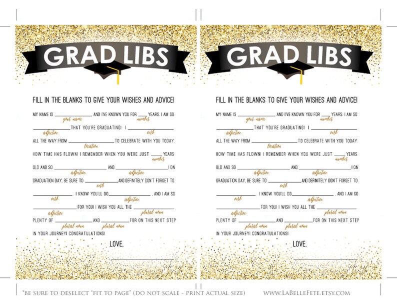 GRAD Libs mad Libs Game in Gold Glitter / Printable Diy - Etsy