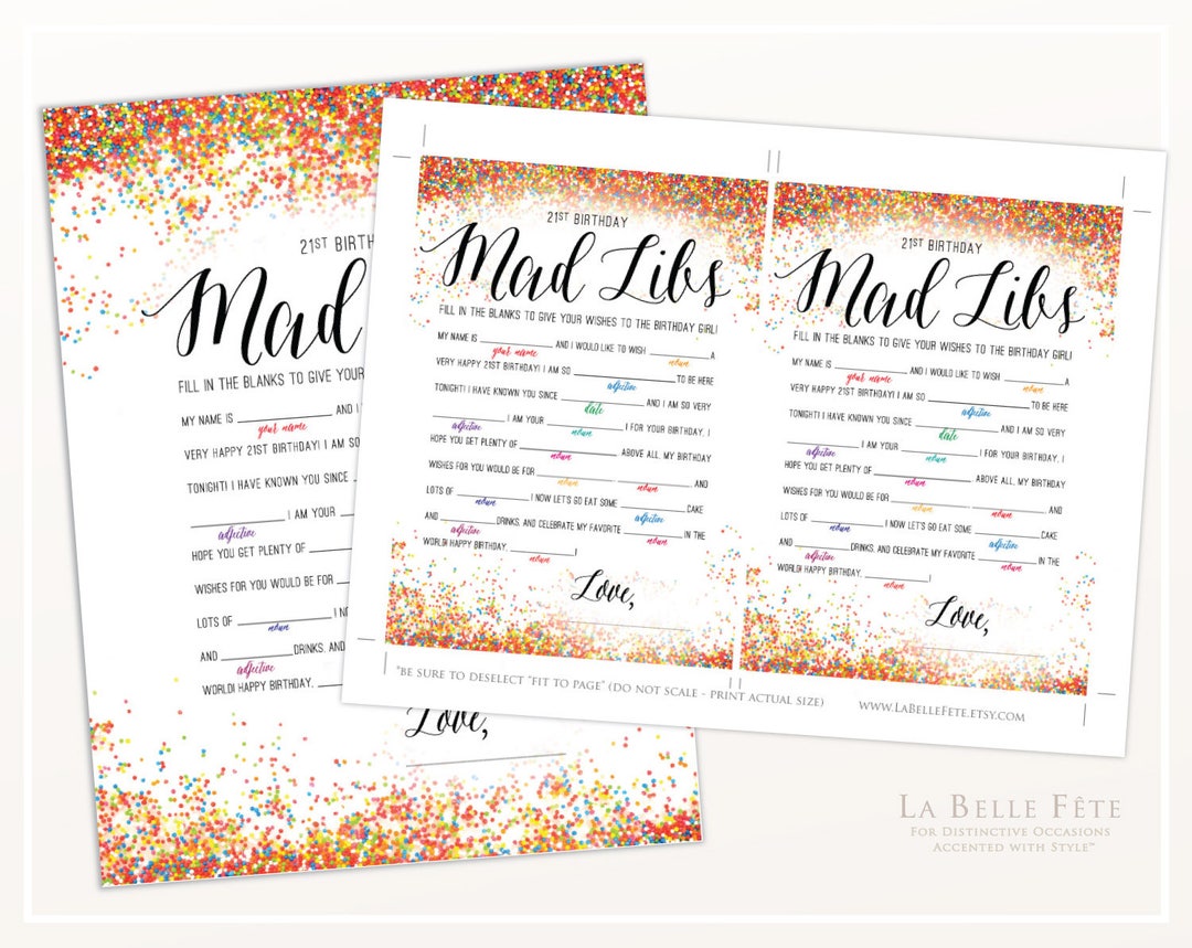 21st BIRTHDAY PARTY Mad Libs Game / 21 Rainbow Sprinkles Candy ...