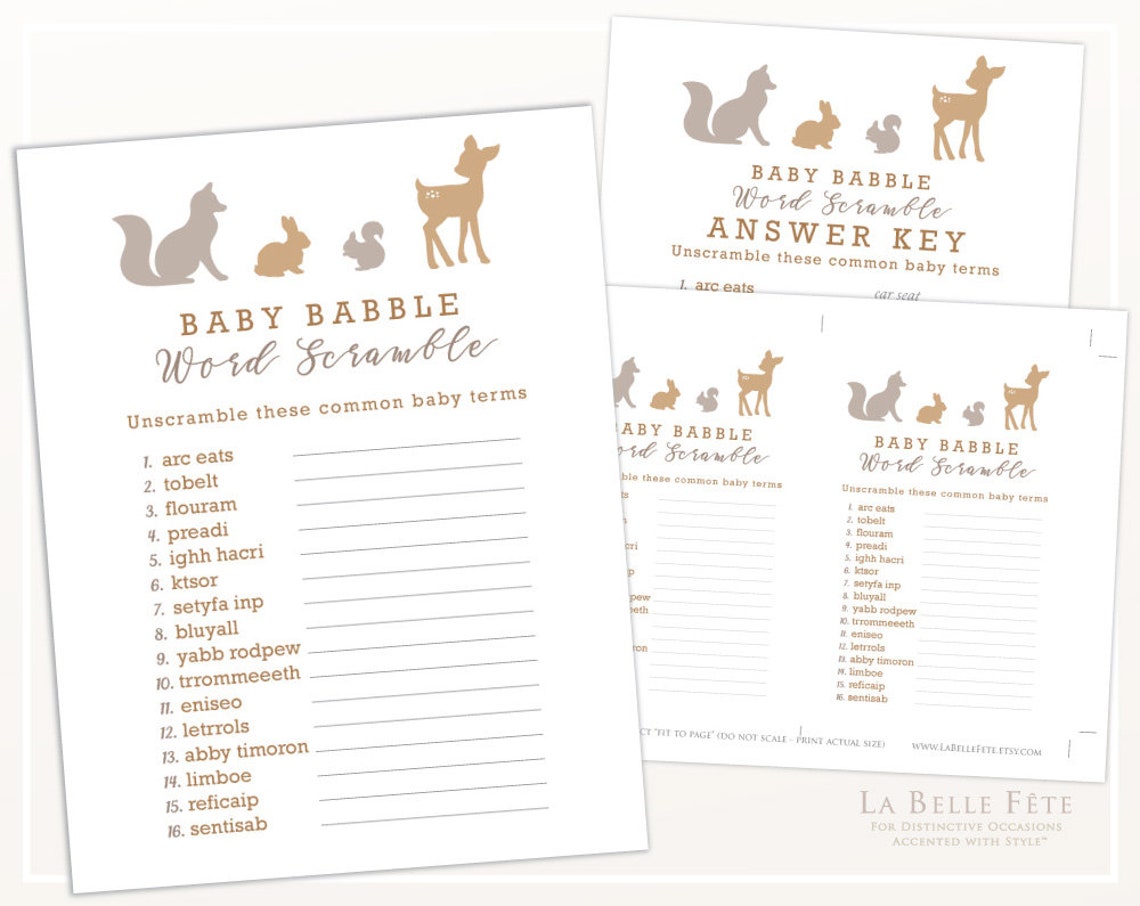 Baby Babble Word Scramble BABY SHOWER GAME Woodland Animals Puzzle ...