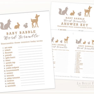 Baby Babble Word Scramble BABY SHOWER GAME Woodland Animals Puzzle ...