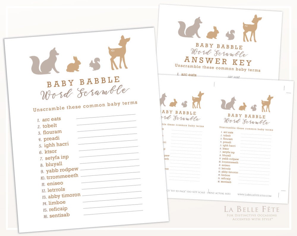 Baby Babble Word Scramble BABY SHOWER GAME Woodland Animals Puzzle ...