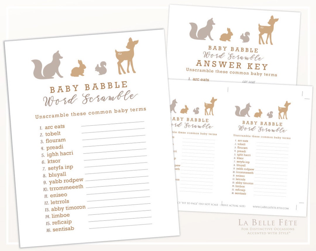 Baby Babble Word Scramble BABY SHOWER GAME Woodland Animals Puzzle ...