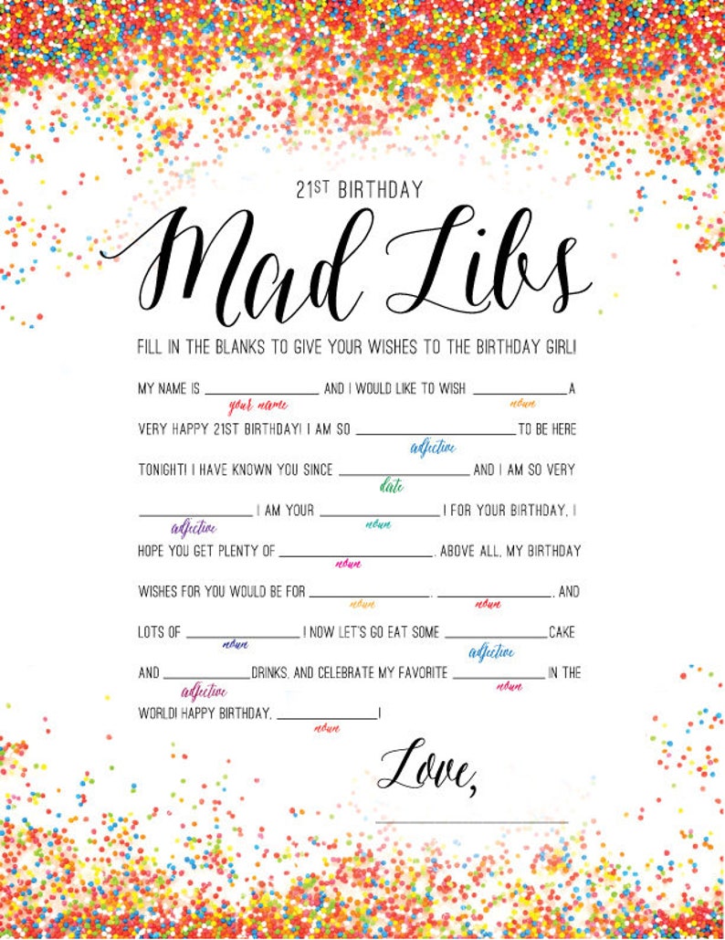 21st BIRTHDAY PARTY Mad Libs Game / 21 Rainbow Sprinkles candy | Etsy
