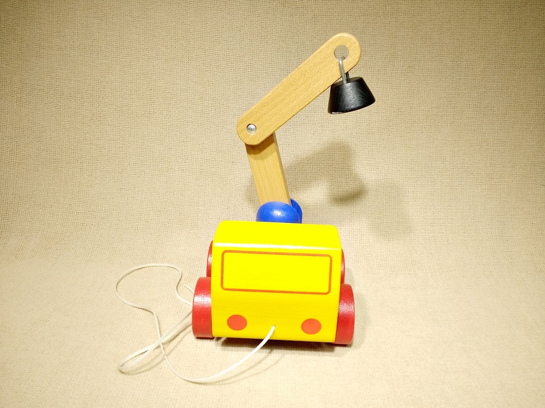 Vintage Wooden Toy Truck Push Pull Toy Movable Crane Construction ...