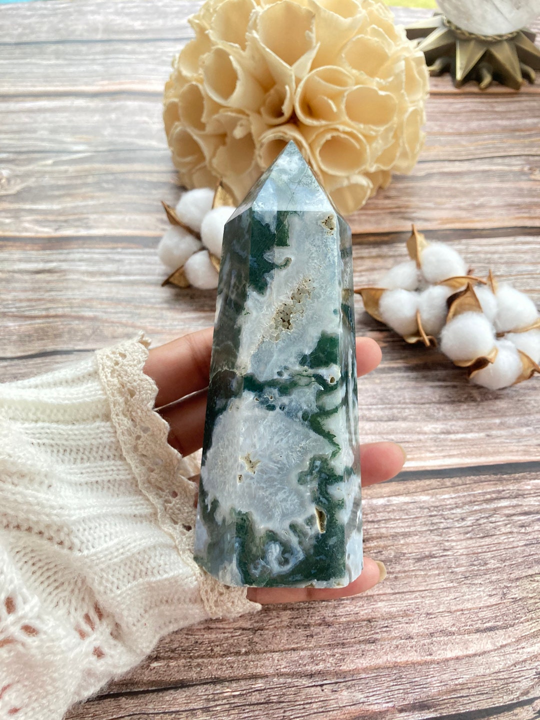 Moss Agate Crystal, Moss Agate, Moss Agate Crystal Tower With Druzy ...