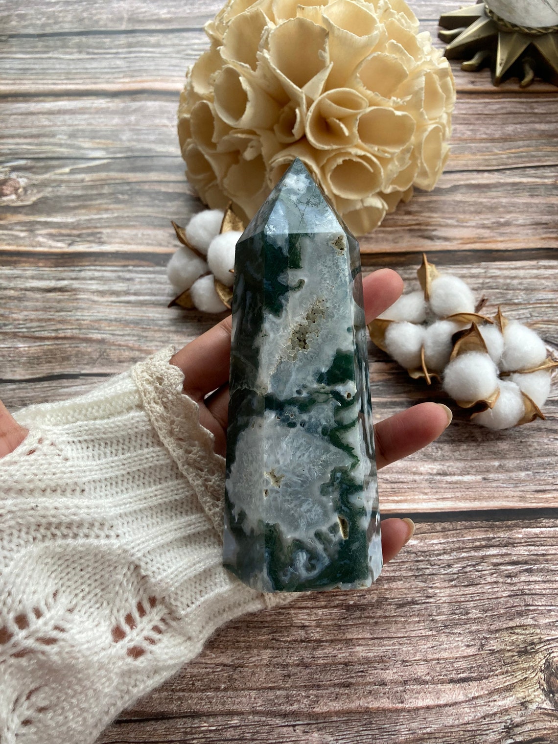 Moss Agate Crystal Moss Agate Moss Agate Crystal Tower With | Etsy