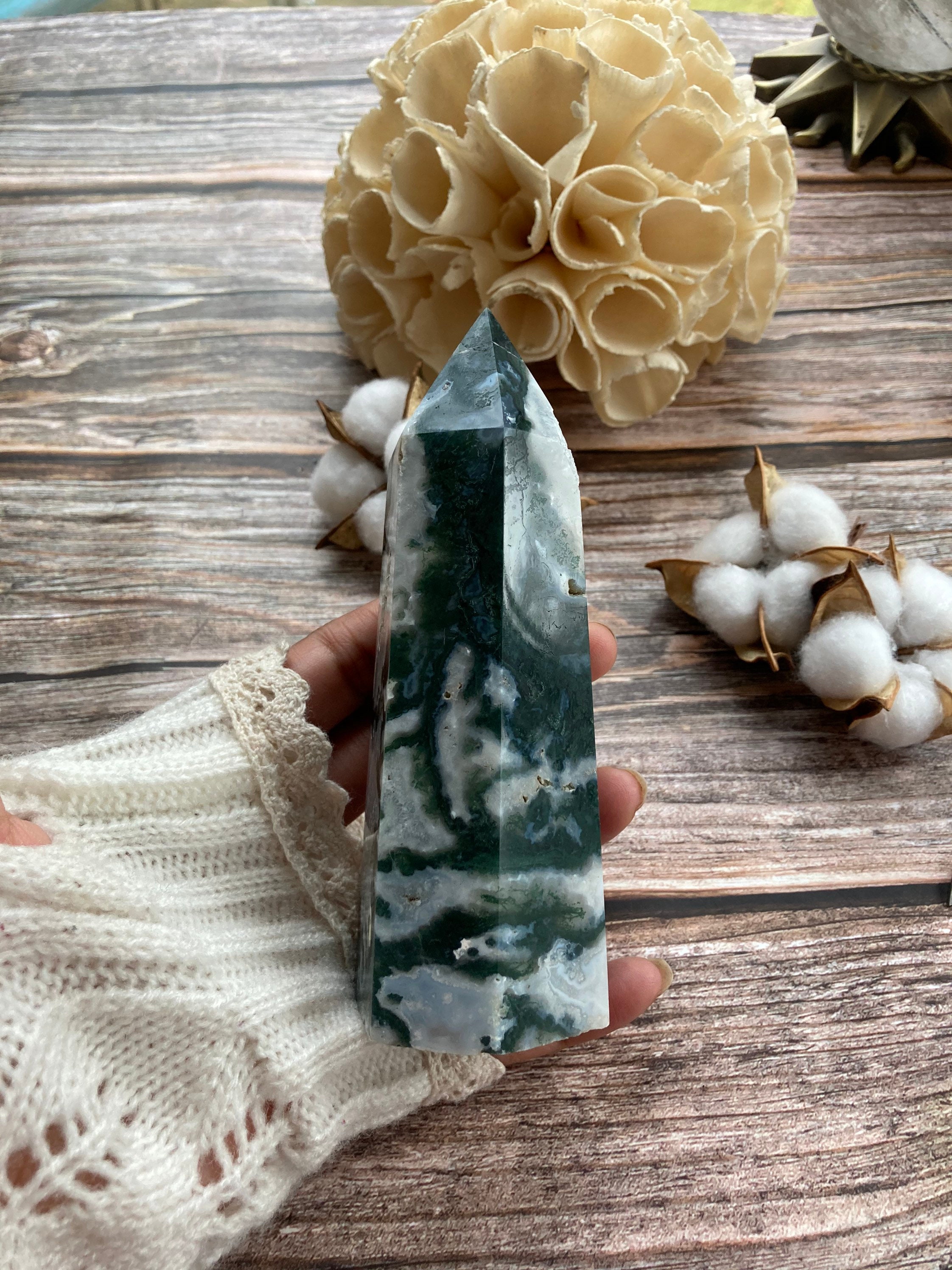 Moss Agate Crystal Moss Agate Moss Agate Crystal Tower With | Etsy