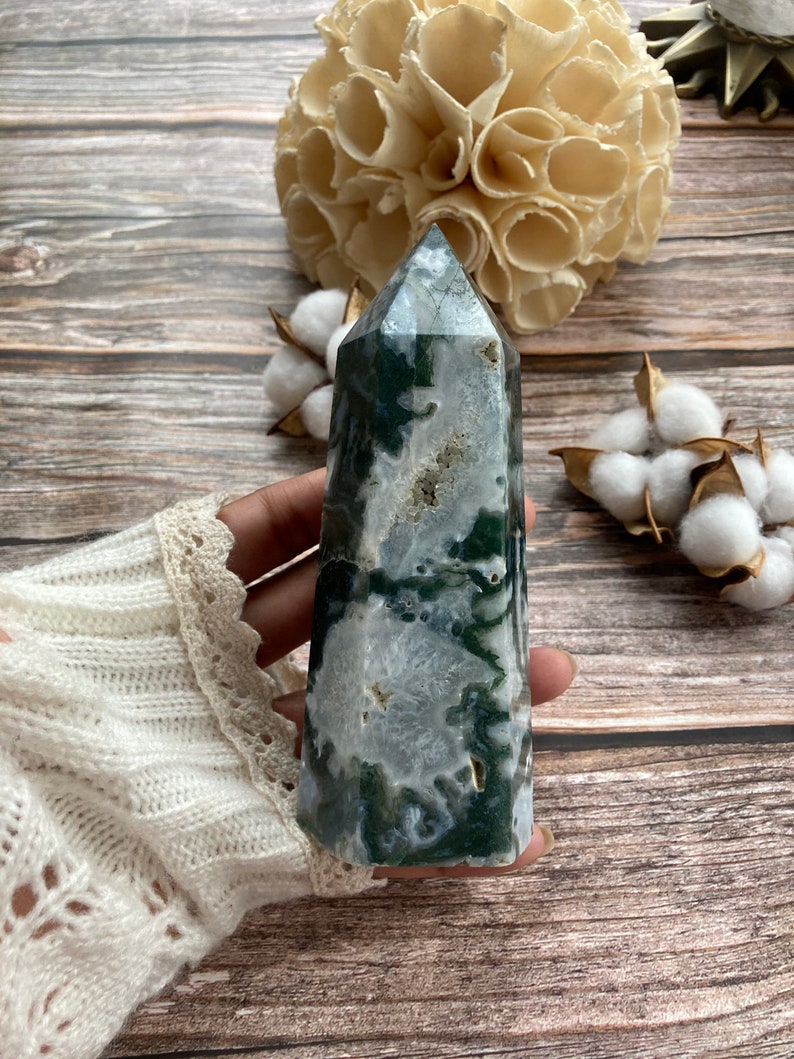 Moss Agate Crystal Moss Agate Moss Agate Crystal Tower With - Etsy