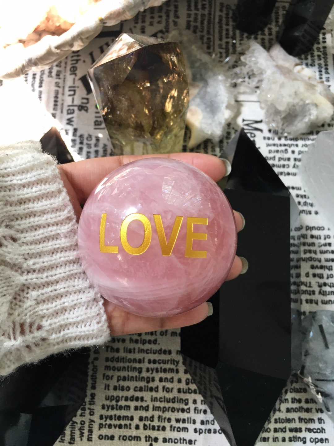 Lavender Rose Quartz Sphere With Love Engraving, Heart Chakra Crystals ...