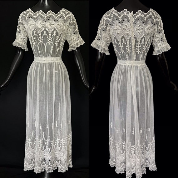 Antique Edwardian Embroidered Lace Net Dress, Raised … - Gem