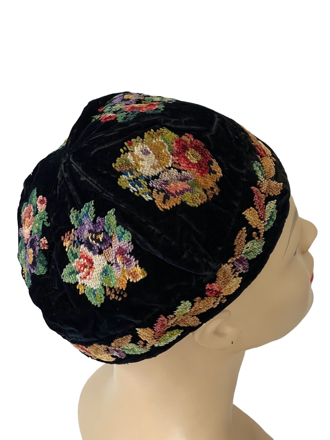 Antique Black Silk Velvet Cap Chenille Embroidered Flowers Smoking Cap ...